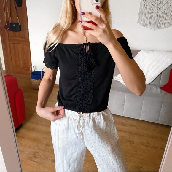 Amisu | Tops | Amisu Black Offshoulder Crochet Tassel Detail Top | Poshmark